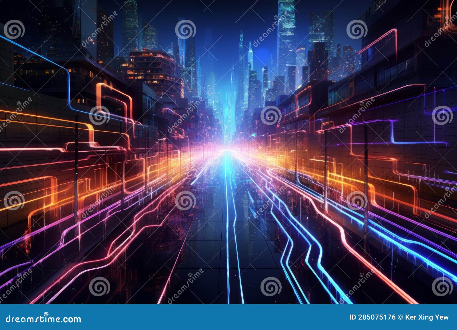 Digital Data Flow with Bright Neon Lights Stock Illustration ...