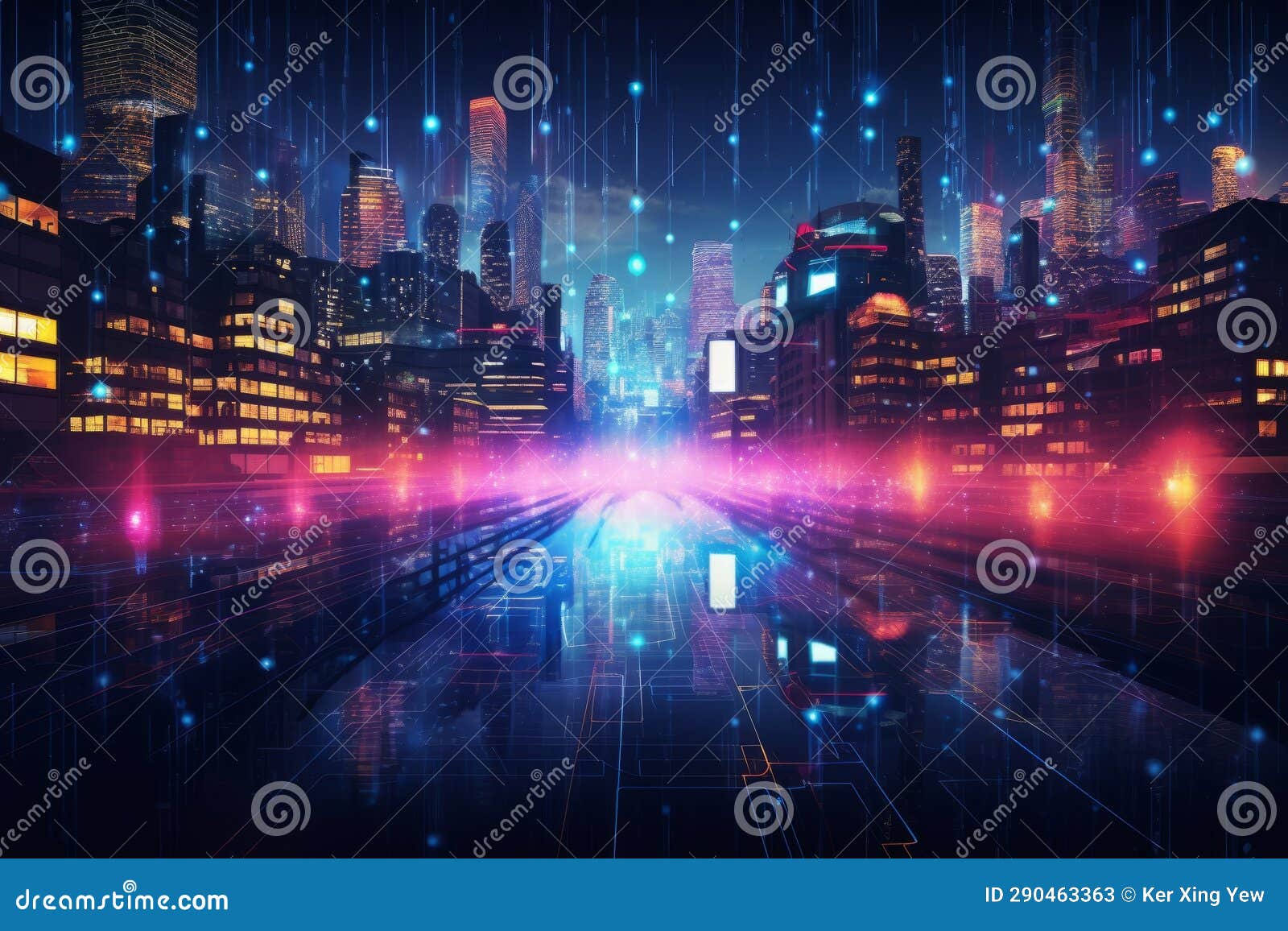 Digital Data Flow with Bright Neon Lights Stock Illustration ...