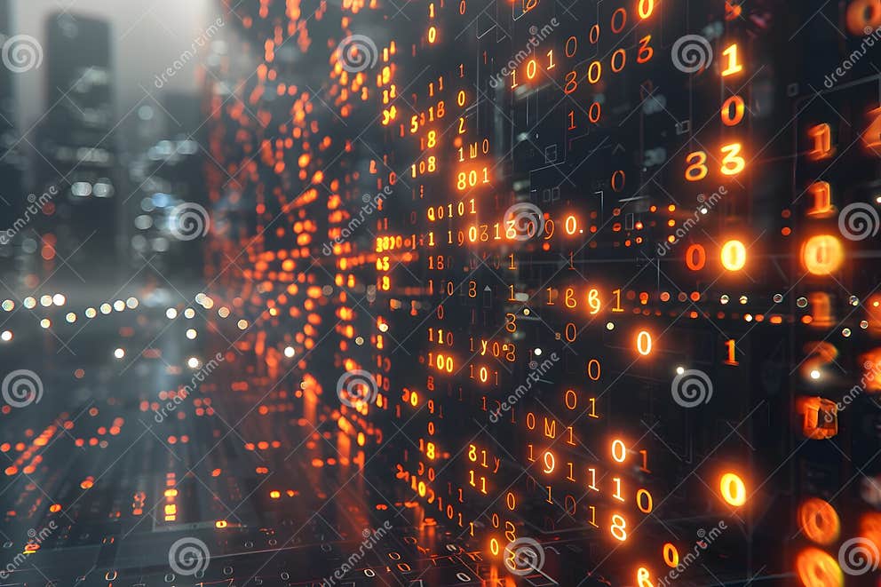 Digital Data Matrix with Glowing Numbers and Binary Code Background for Technology and ...