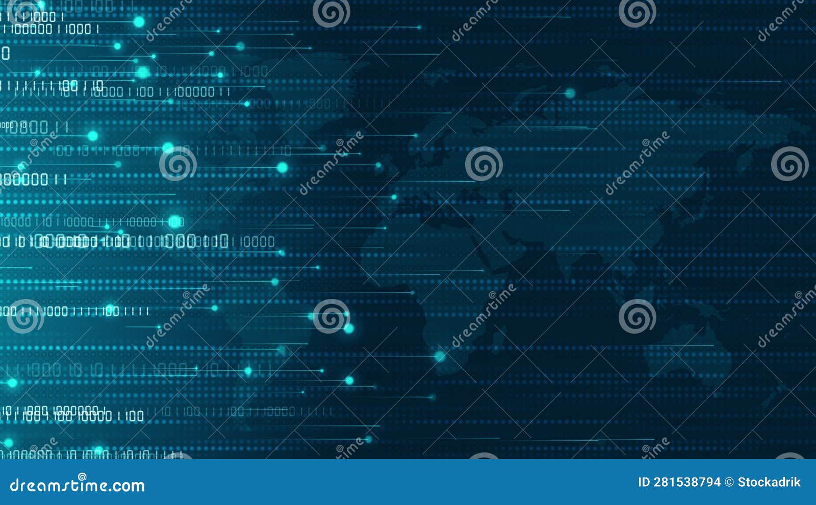 Digital Data Network Binary Code Movement Of Numbers And Glowing Particles On Dark Blue