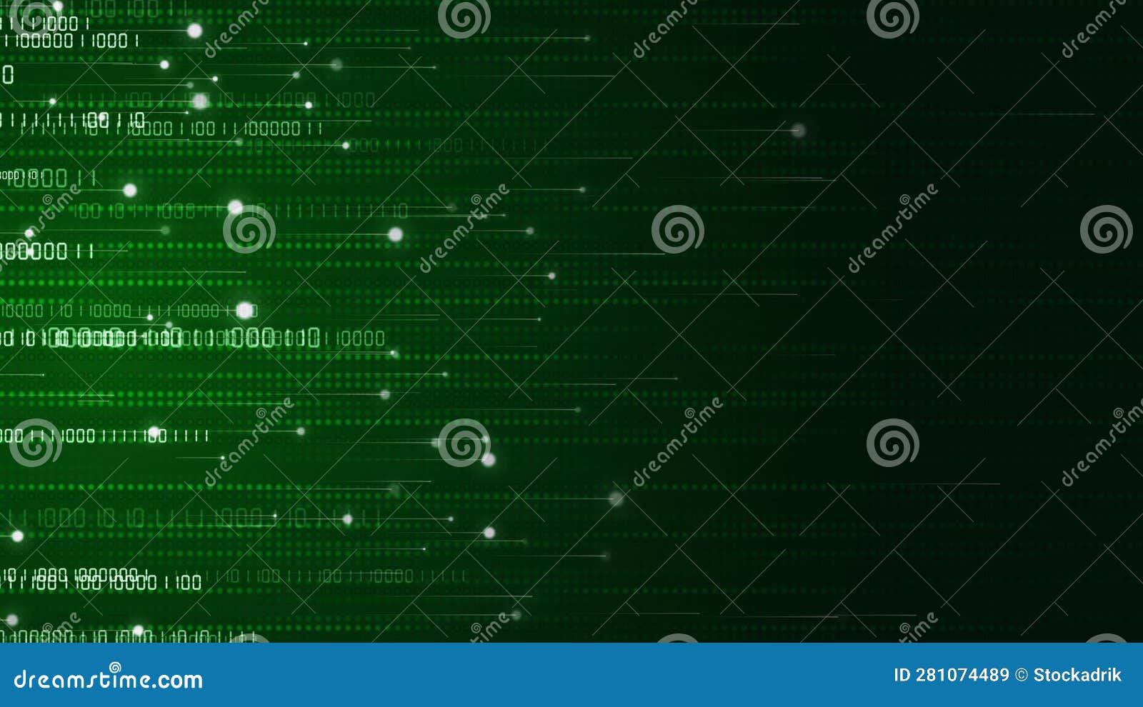 Digital Data Network Binary Code. Movement of Numbers and Glowing Particles on a Dark Green ...