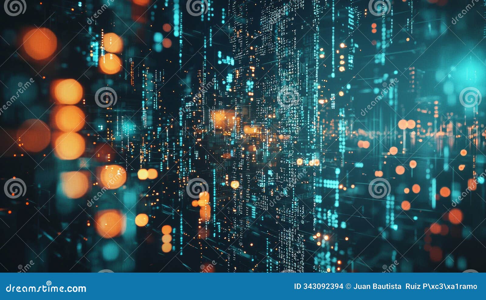 Digital Data Network in Blue and Orange Lights Stock Photo - Image of ...