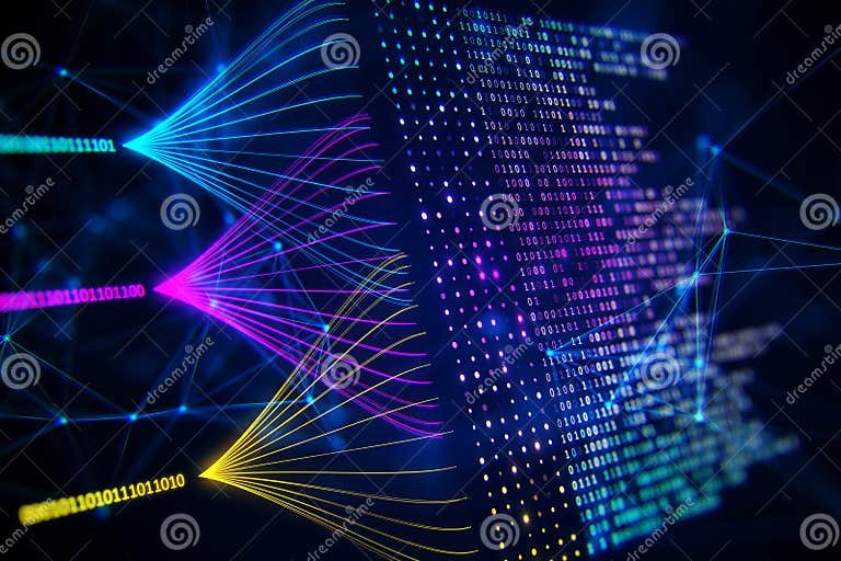 Digital Data and Network Connection Concept in Cyberspace, Binary Code Strings on Dark Blue ...