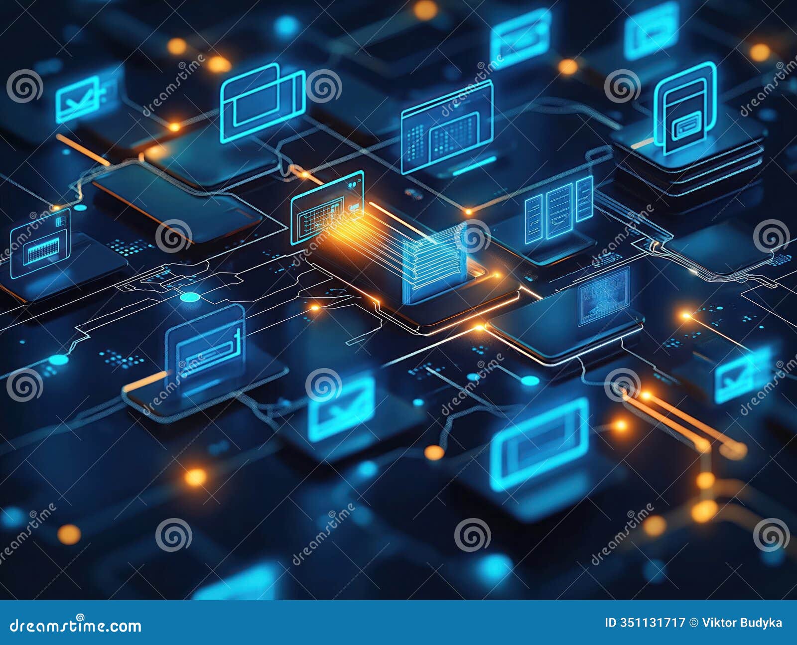 Digital Data Network Design. Tech Illustration Shows Interconnected ...