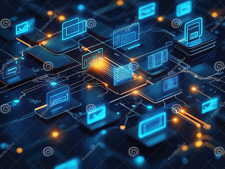 Digital Data Network Design. Tech Illustration Shows Interconnected ...