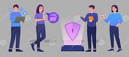 Digital Data Protection Design Vector. Cyber Security Cartoon Character ...