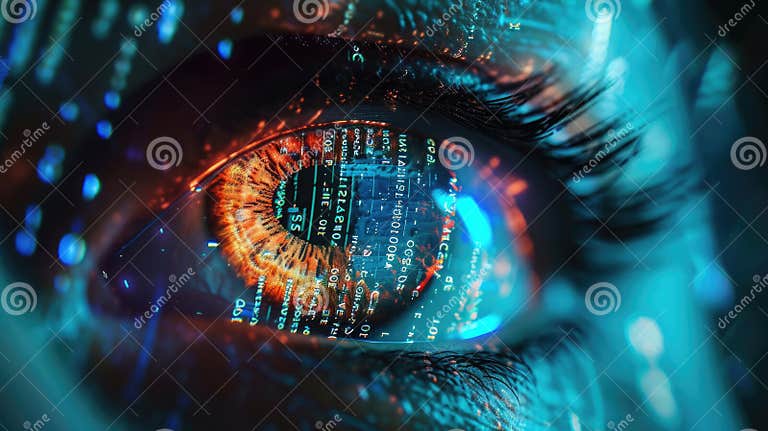 Digital Data Reflected in Hacker Eye in Dark Room, Network Information ...