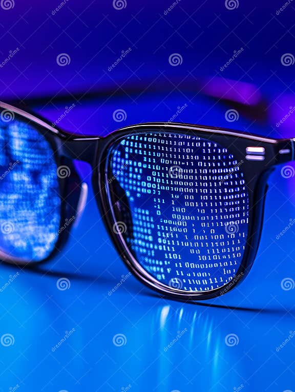 Digital Data Reflection in Eyeglasses Binary Code Reflected in ...