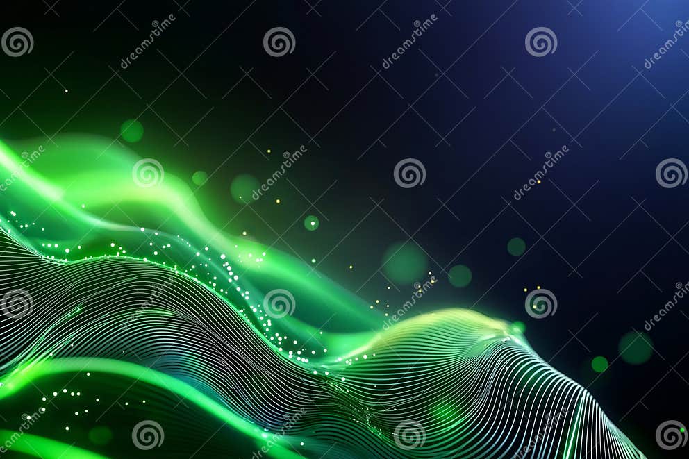Digital Data Stream Background with Glowing Green Waves and Particles ...