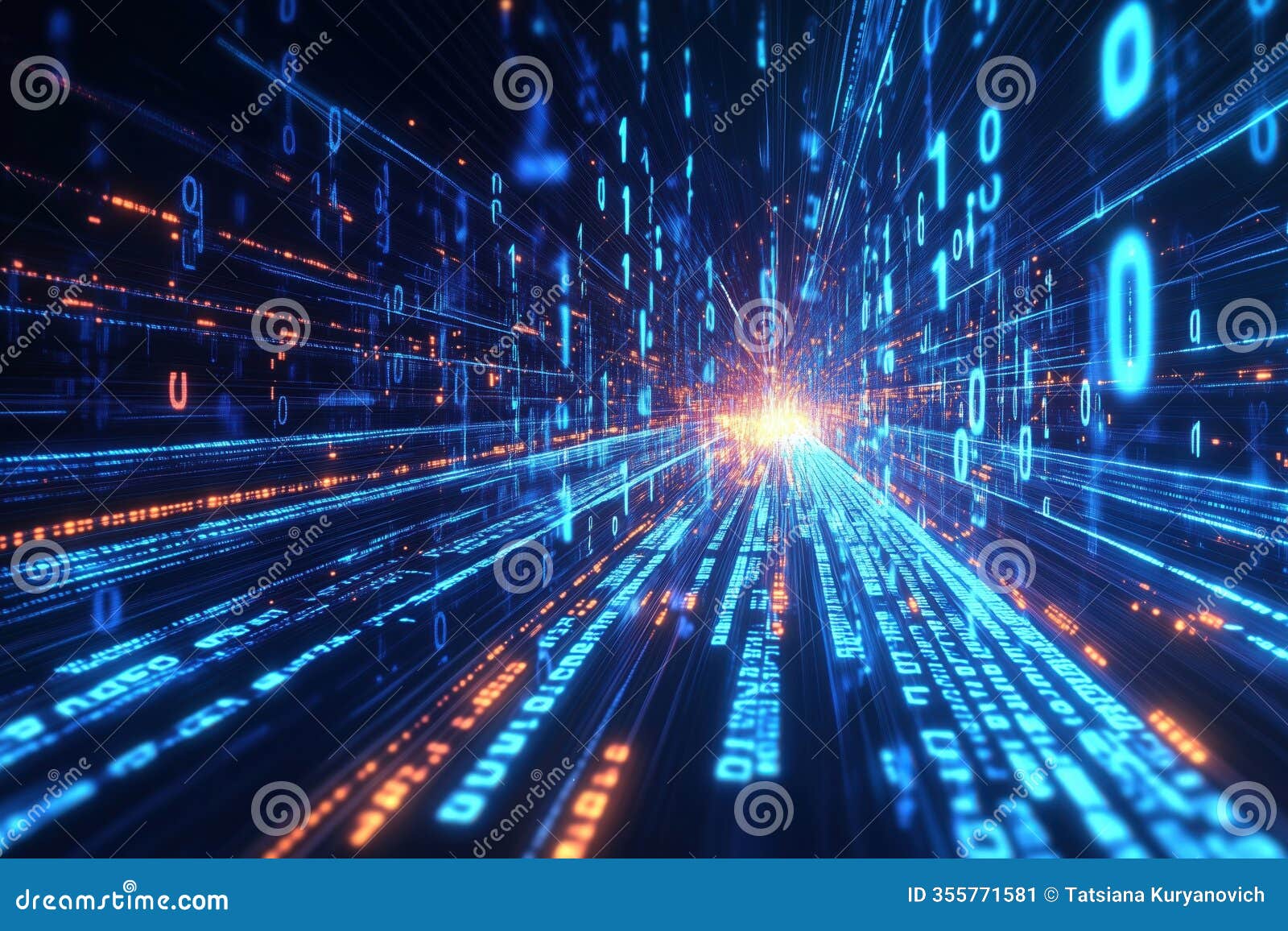 Digital Data Stream with Binary Code, Glowing Particles, and ...