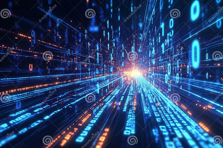 Digital Data Stream with Binary Code, Glowing Particles, and Perspective Depth Stock Image ...
