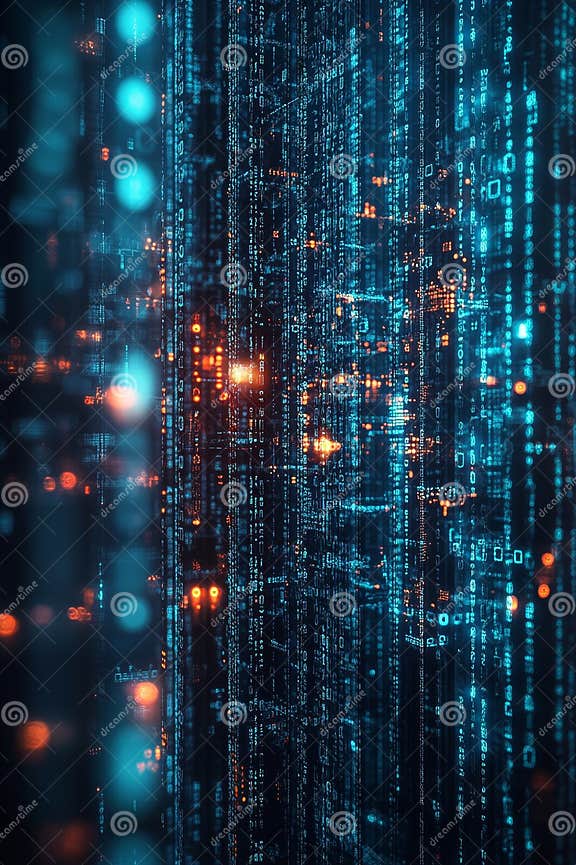 Digital Data Stream Blue Code Rain with Glowing Nodes, Abstract ...