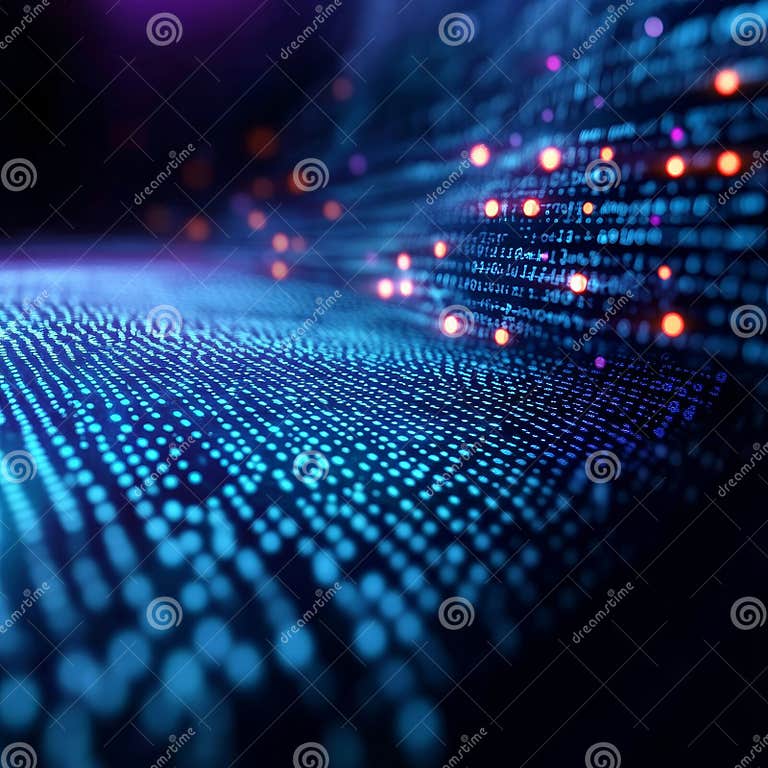 Digital Data Stream, Flowing Binary Code Lines with Shining Particles, Technology Background ...