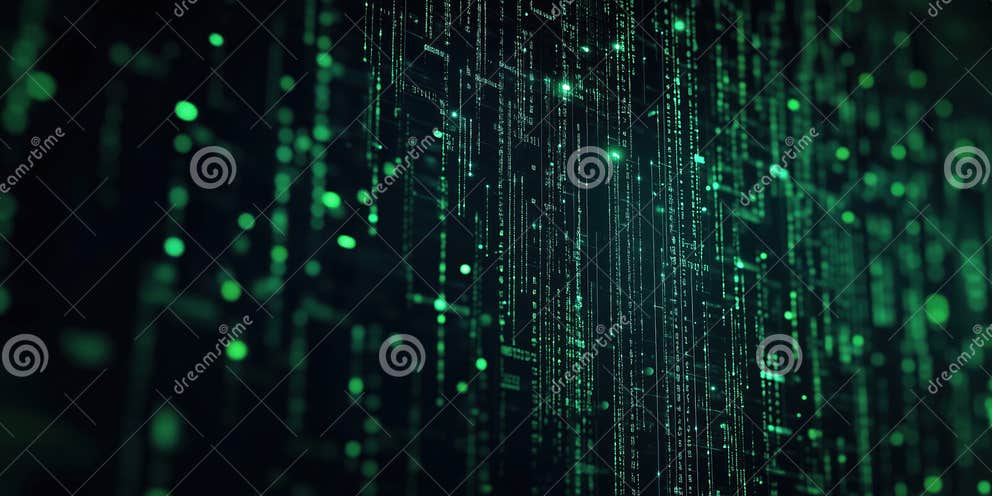 Digital Data Stream with Glowing Green Binary Code and Abstract Technology Background Stock ...