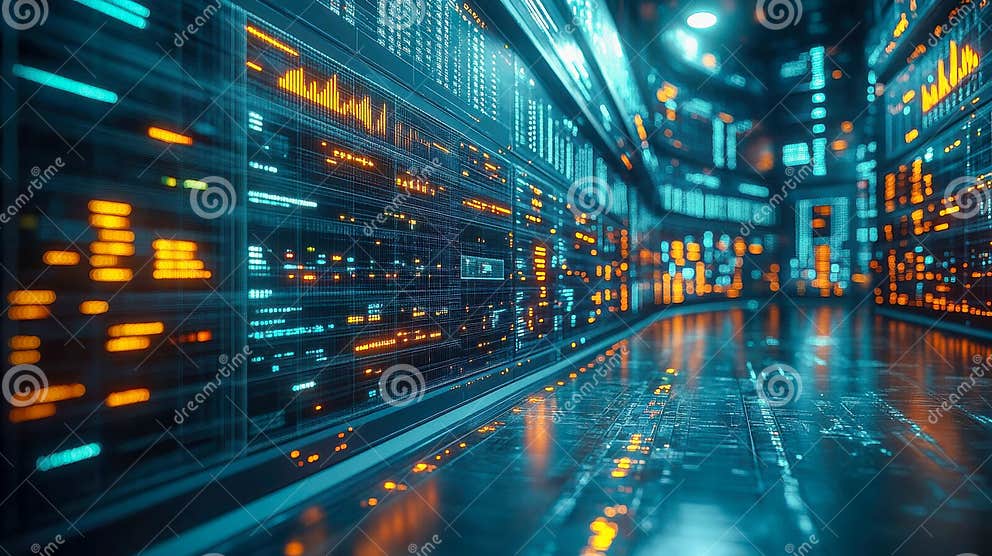 Digital Data Stream in a High-tech Data Center. Futuristic Data Storage ...