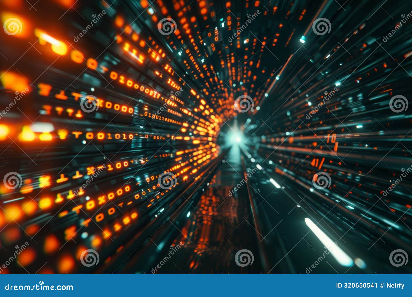 Digital Data Stream of Numbers and Letters in the Dark Tunnel with Glow ...