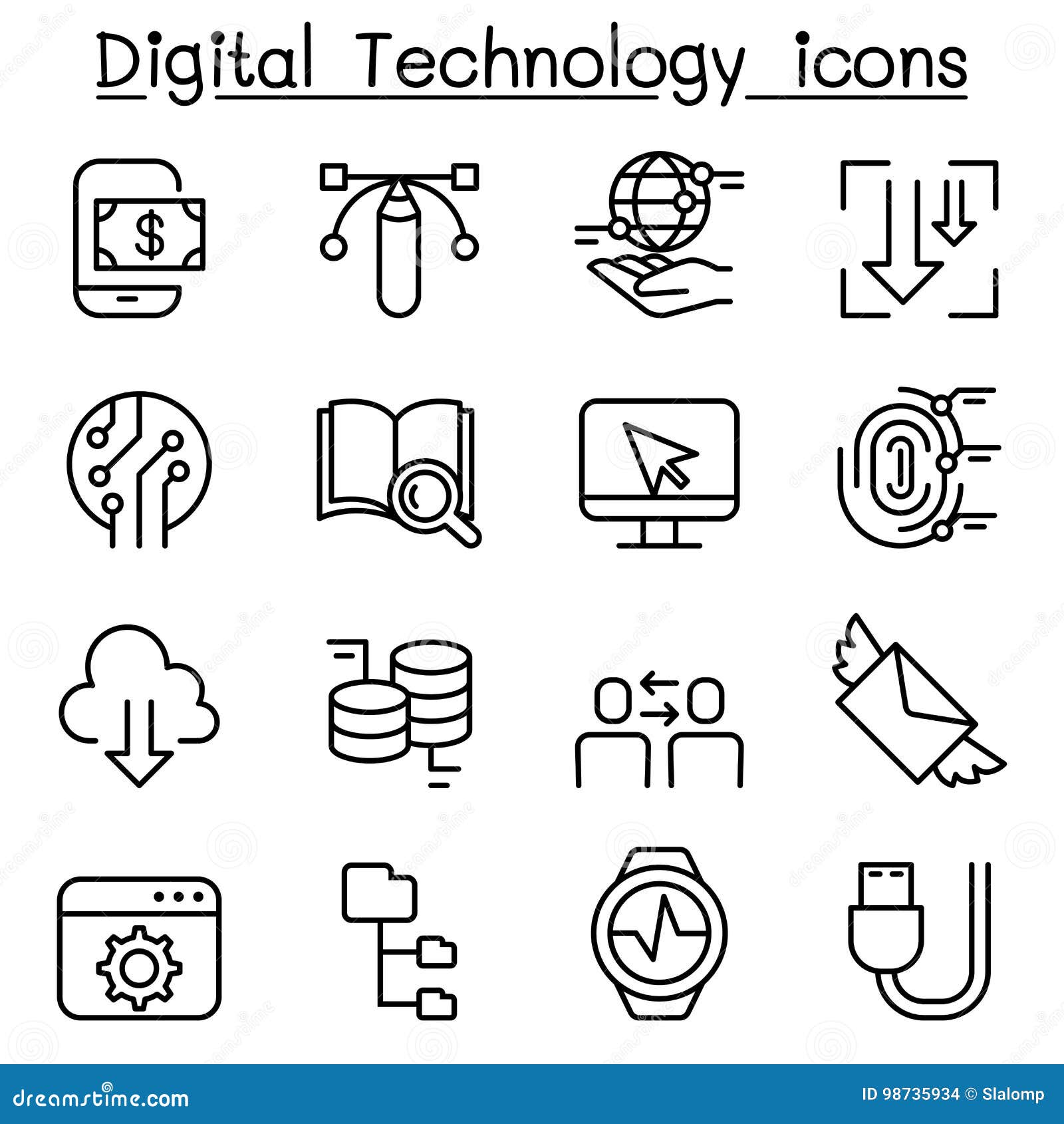 Digital Data Technology Icon Set in Thin Line Style Stock Vector ...