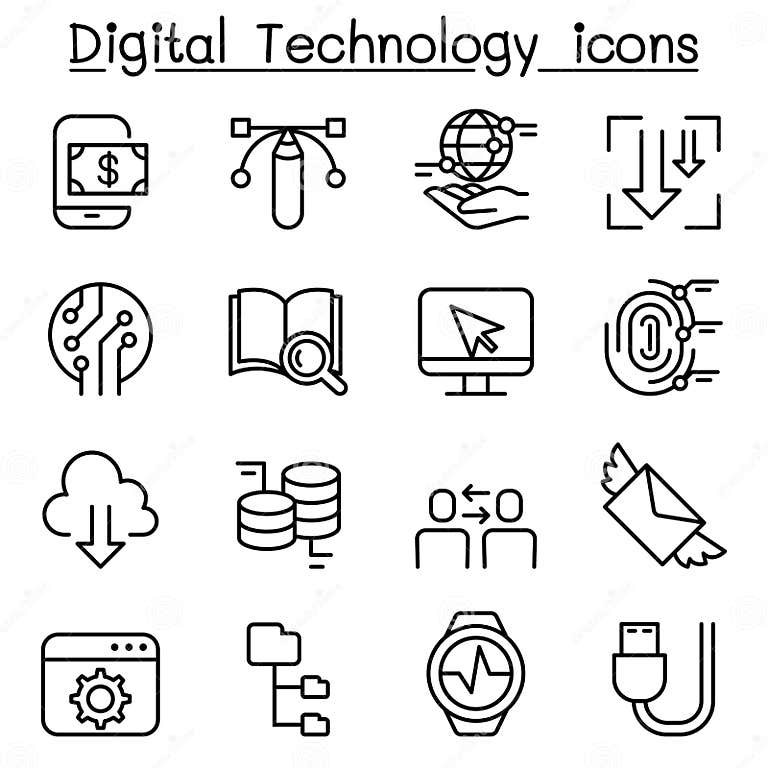 Digital Data Technology Icon Set in Thin Line Style Stock Vector ...