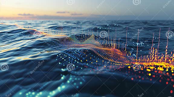 Digital Data Visualization Over Ocean Waves during Sunset Stock Photo ...