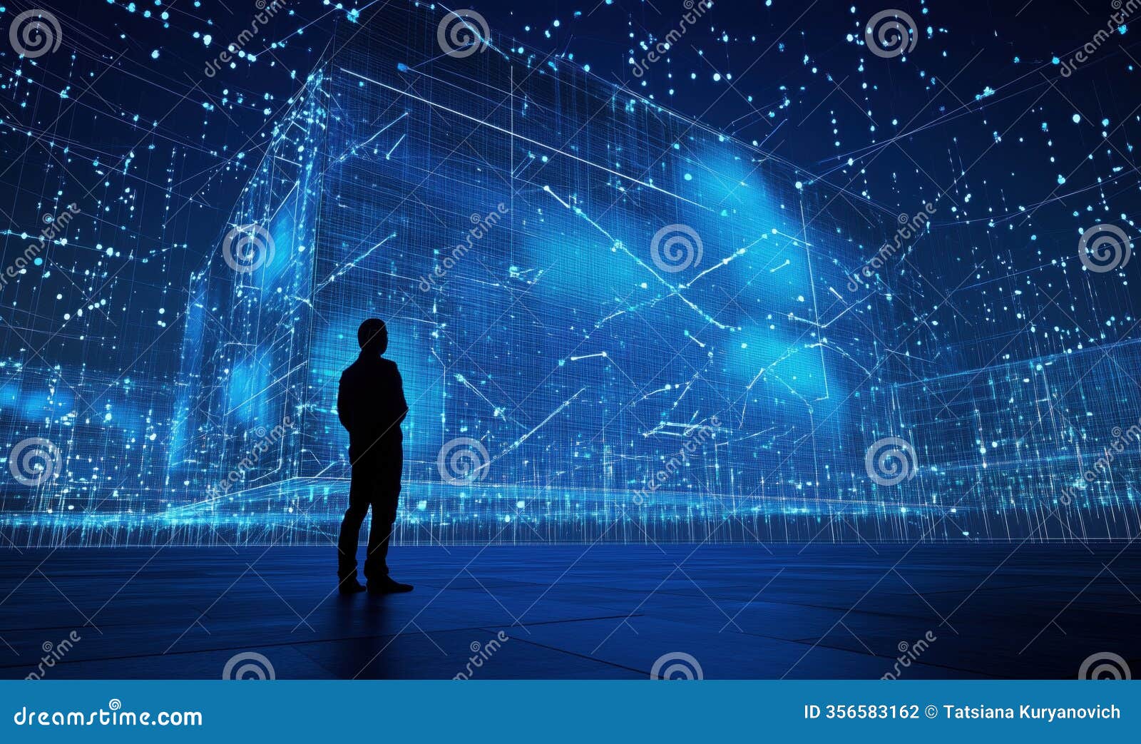 Digital Data Visualization, Person Silhouette Observing 3D Holographic ...