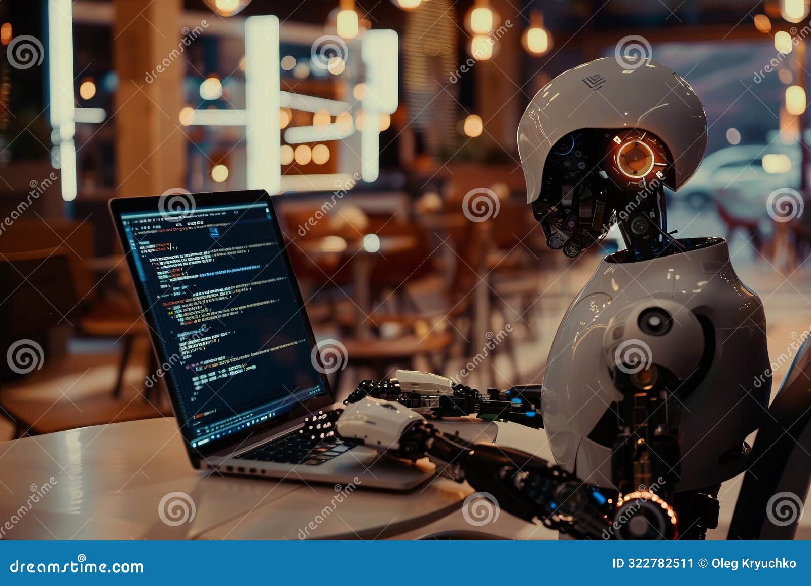 AI-generated Image of a Humanoid Robot Coding on a Laptop in a Modern Cafe at Night. Futuristic ...