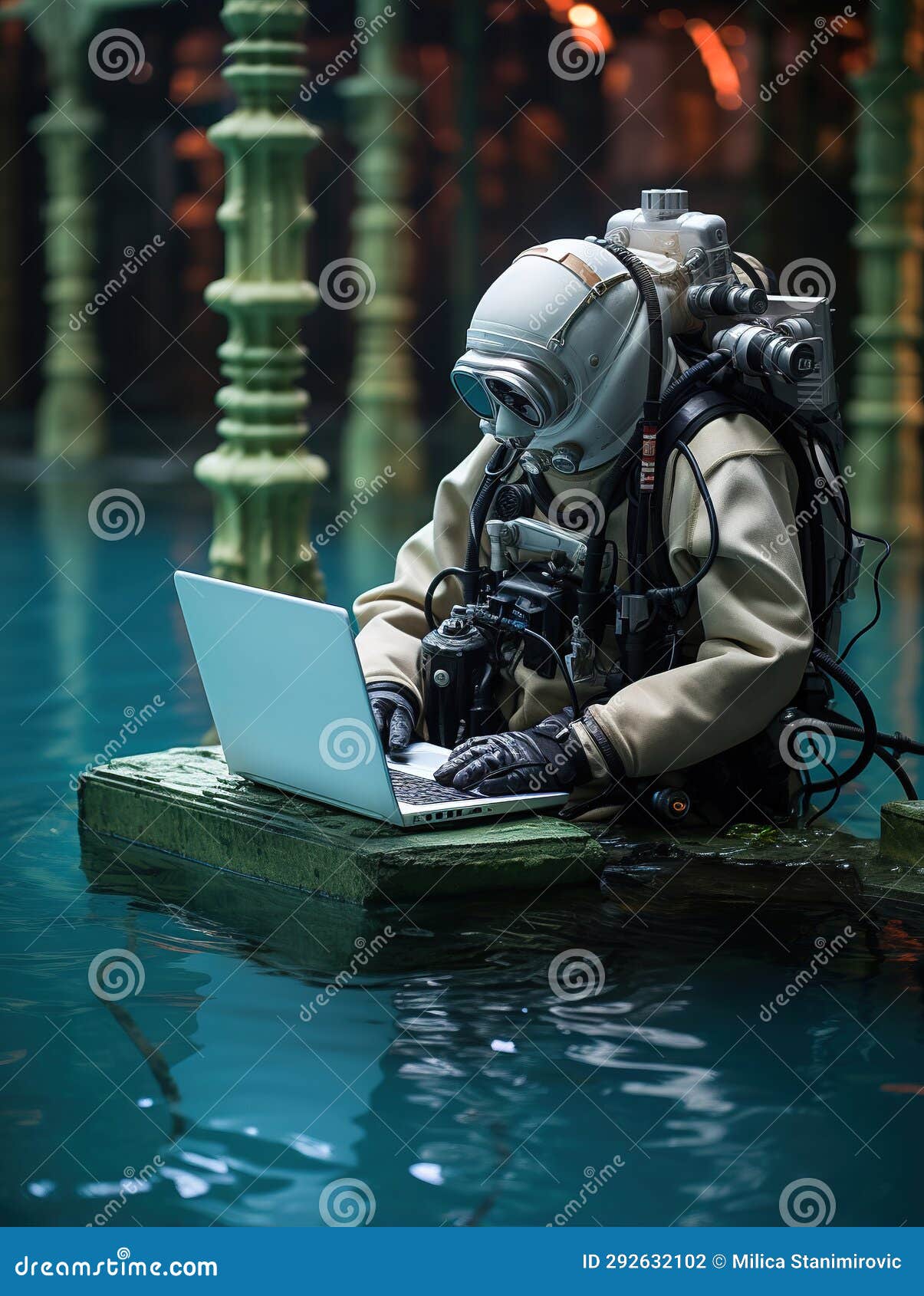 Digital Depths: Man in Divesuit Working on Laptop Underwater Stock ...