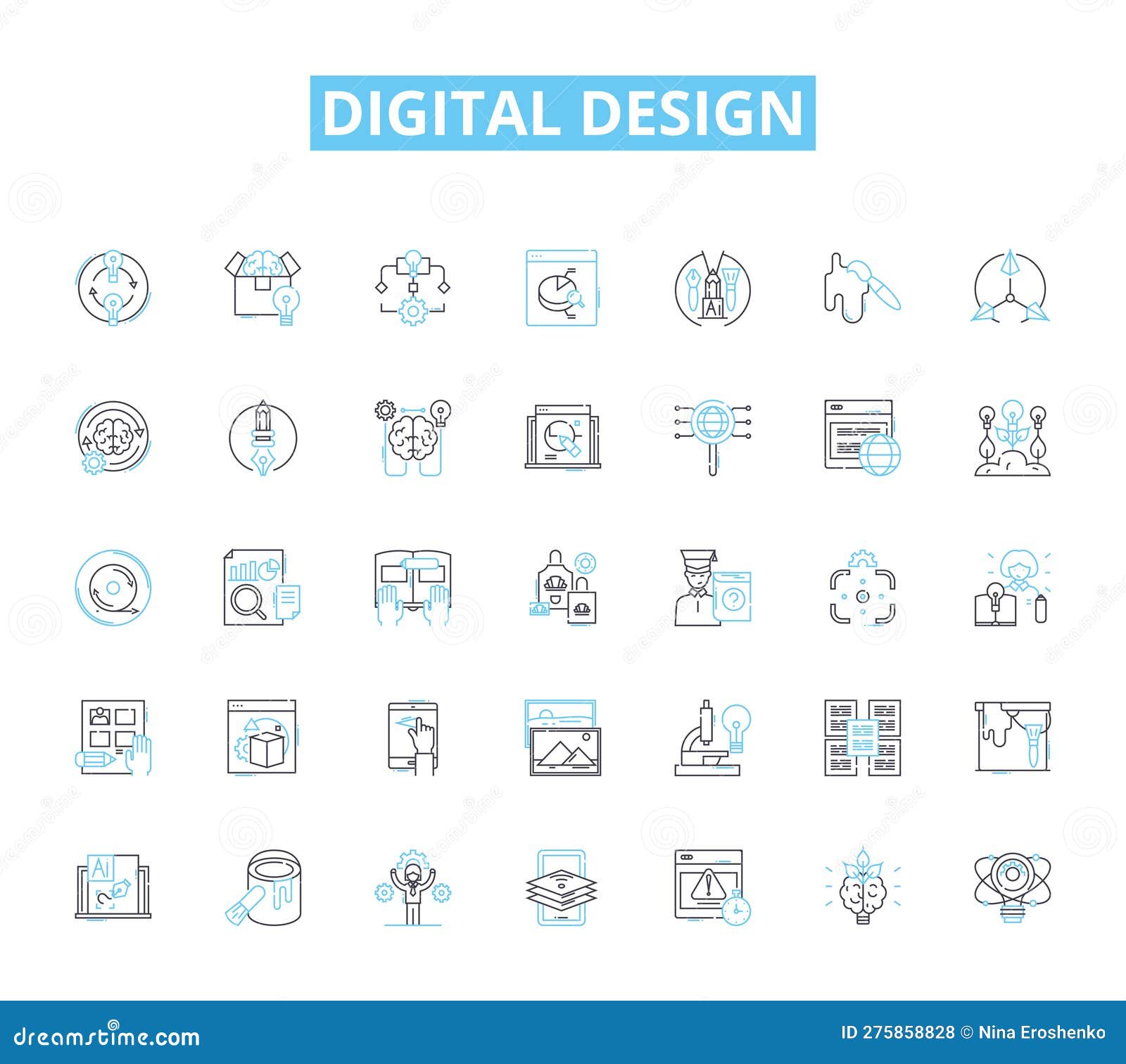 Digital Design Linear Icons Set. Graphics, Animation, Typography ...