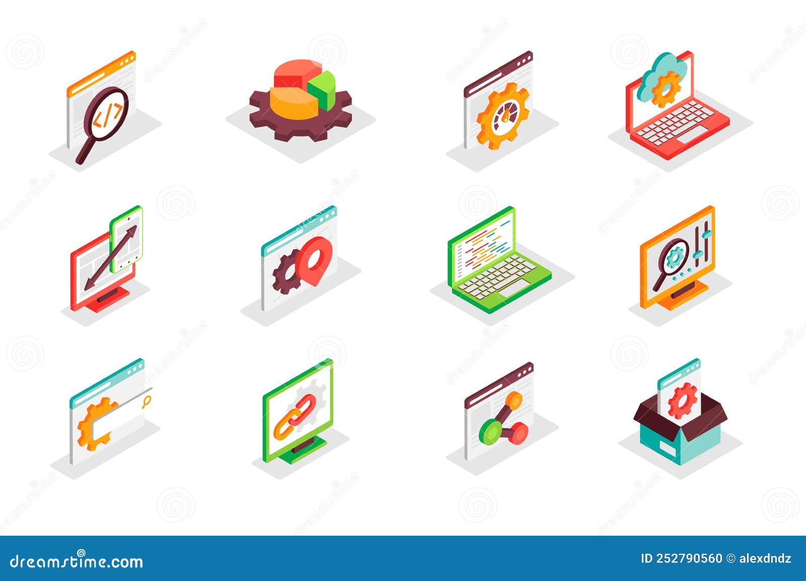Digital Development and SEO Concept 3d Isometric Icons Set. Stock ...