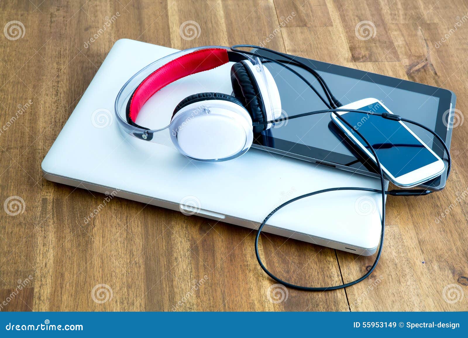 Digital Devices and Headphones on a Wooden Desktop Stock Image - Image ...