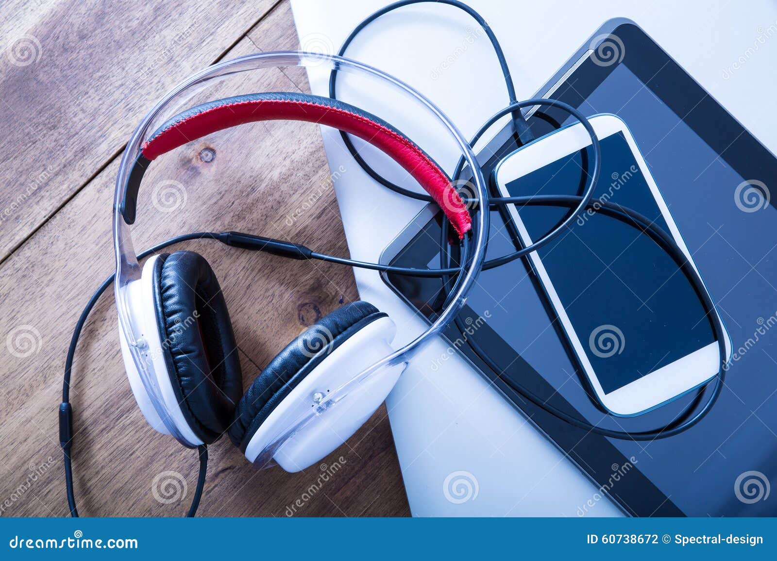 Digital Devices and Headphones on a Wooden Desktop Stock Photo - Image ...
