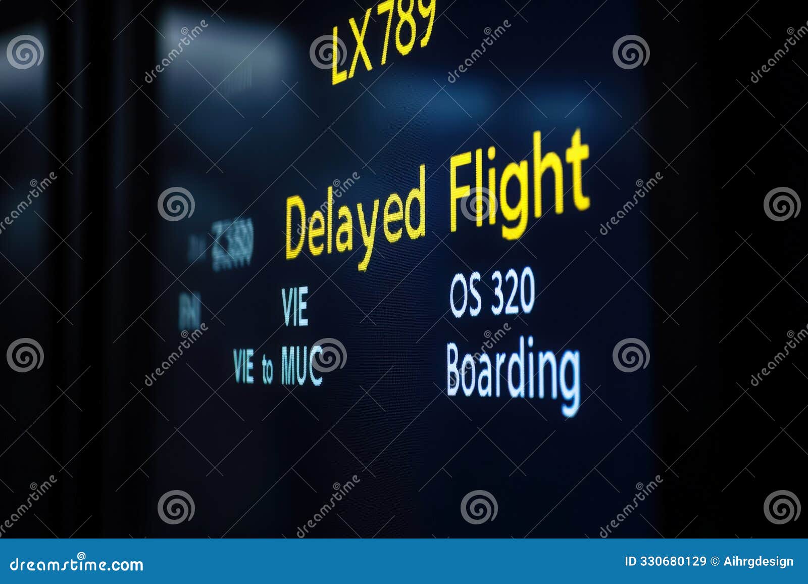 Digital Boarding Screen Announcing a Delayed Flight at the Airport ...