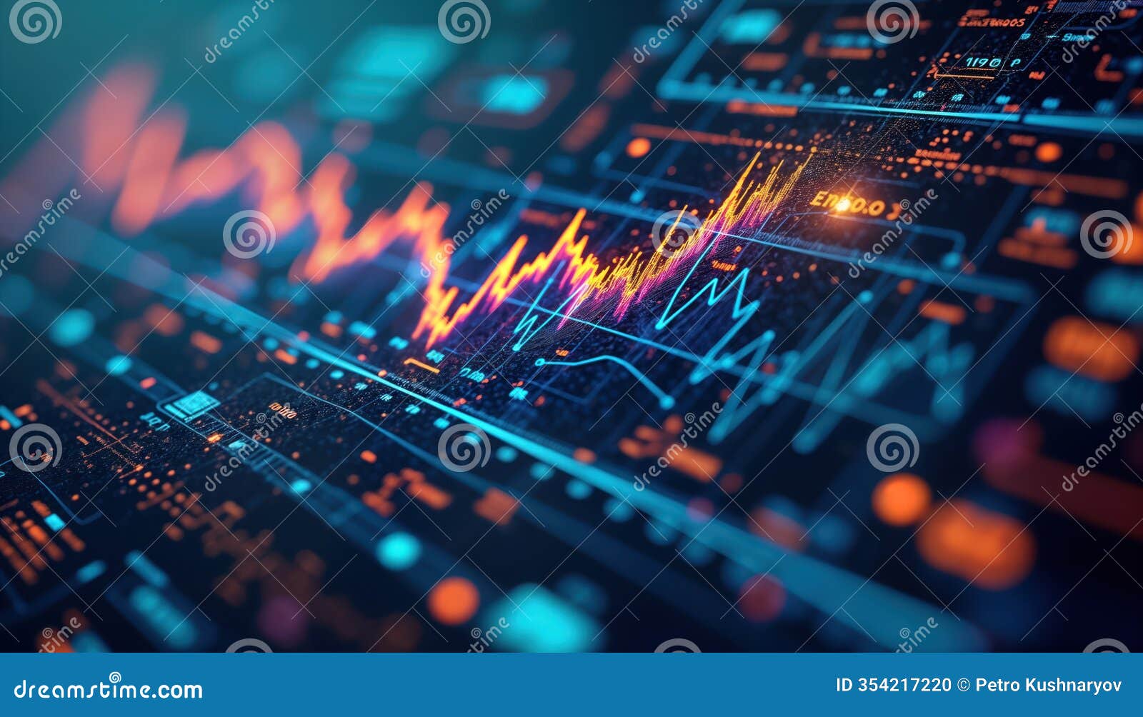 Digital Display Shows Dynamic Tech Graphs, Charts. Futuristic Interface ...