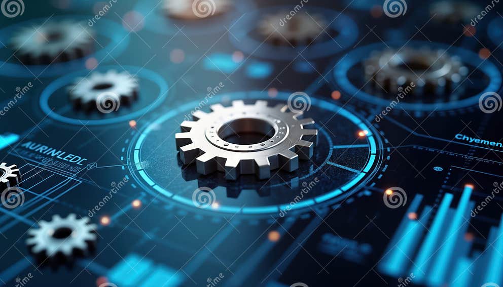 Digital Display Shows Gears Reflecting. Tech Process Optimization ...