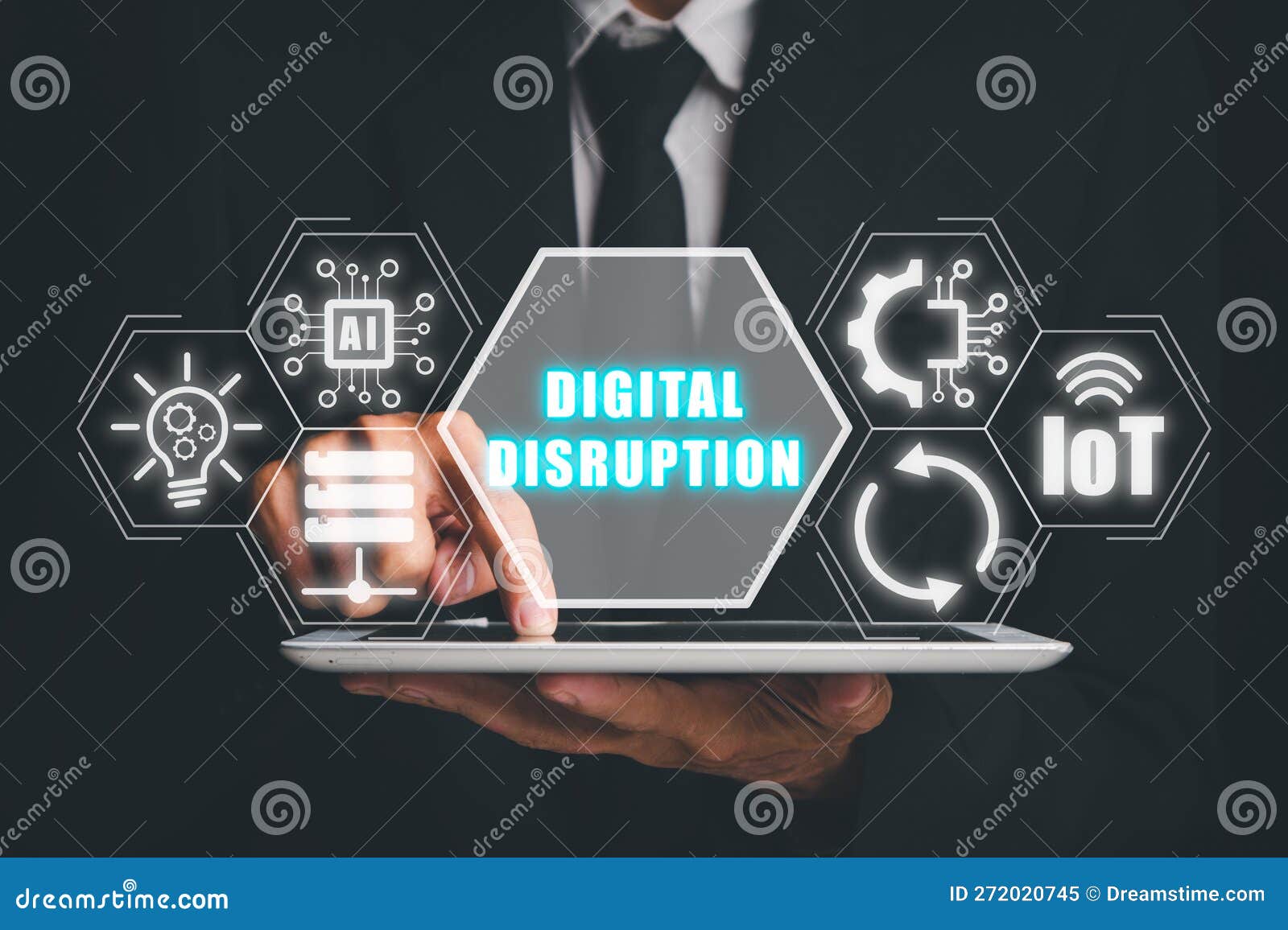 Business Hand Using Tablet with Digital Disruption Icon on Virtual ...
