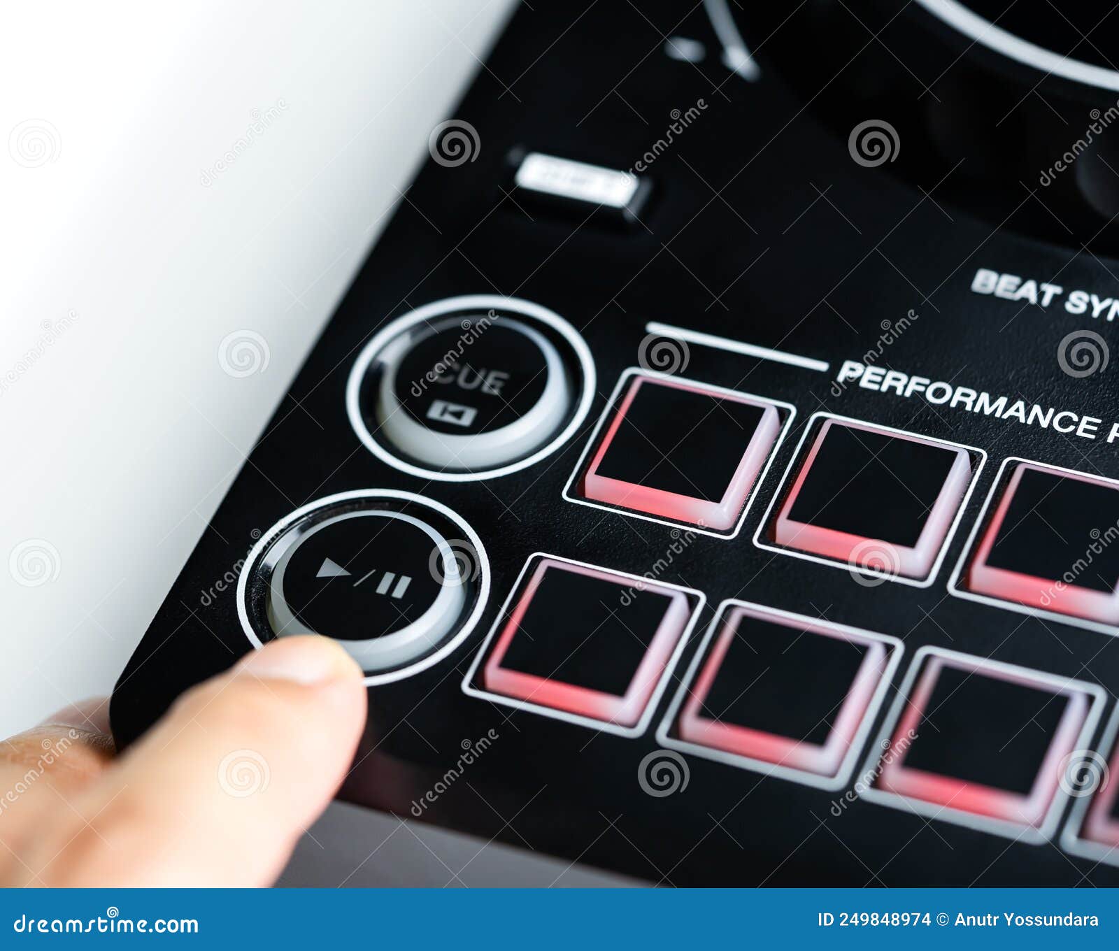 Digital DJ Mixing Deck Controller Closed Up on the Play Pause Button ...