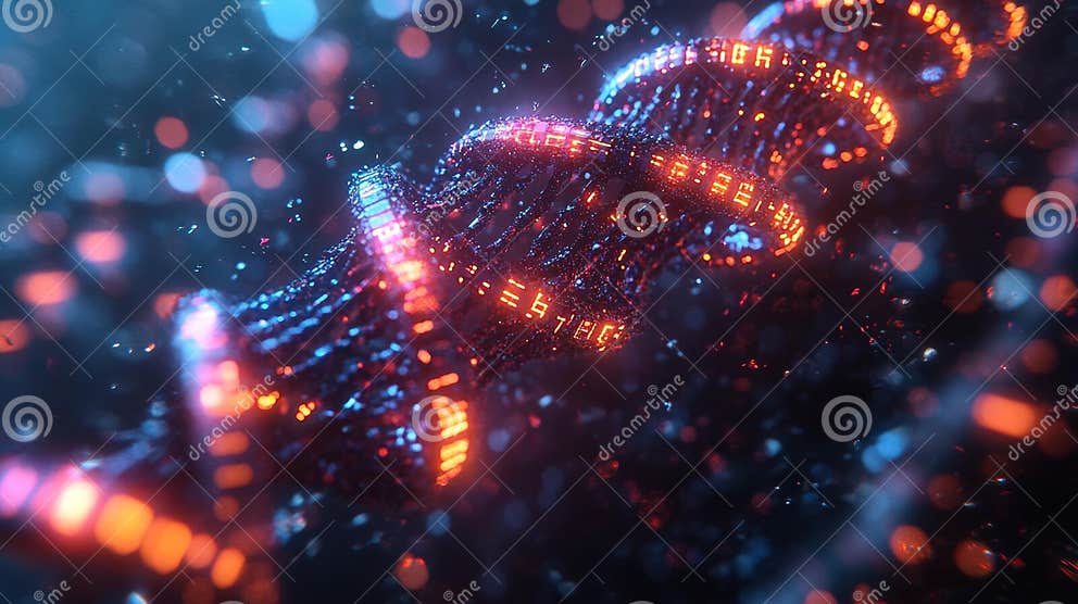 Digital DNA Strand with Futuristic Glowing Data Generative AI Stock Illustration - Illustration ...