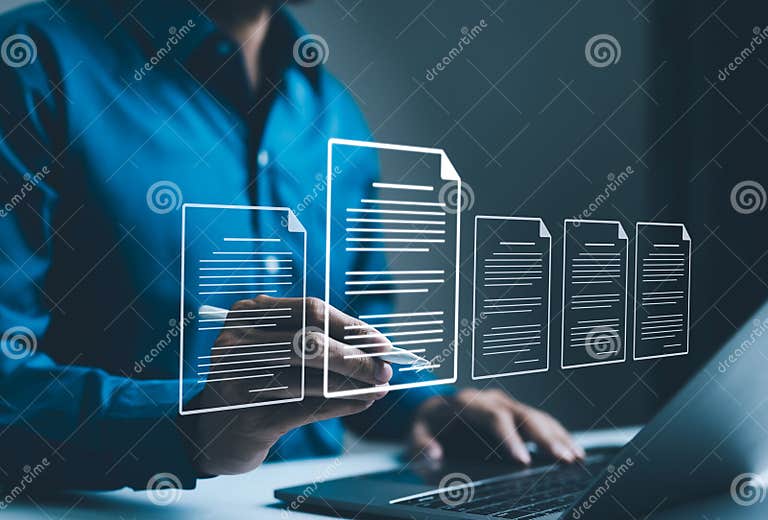 Digital Document Management and Paperless Workflow, Businessman Sign Virtual Documents Interface ...