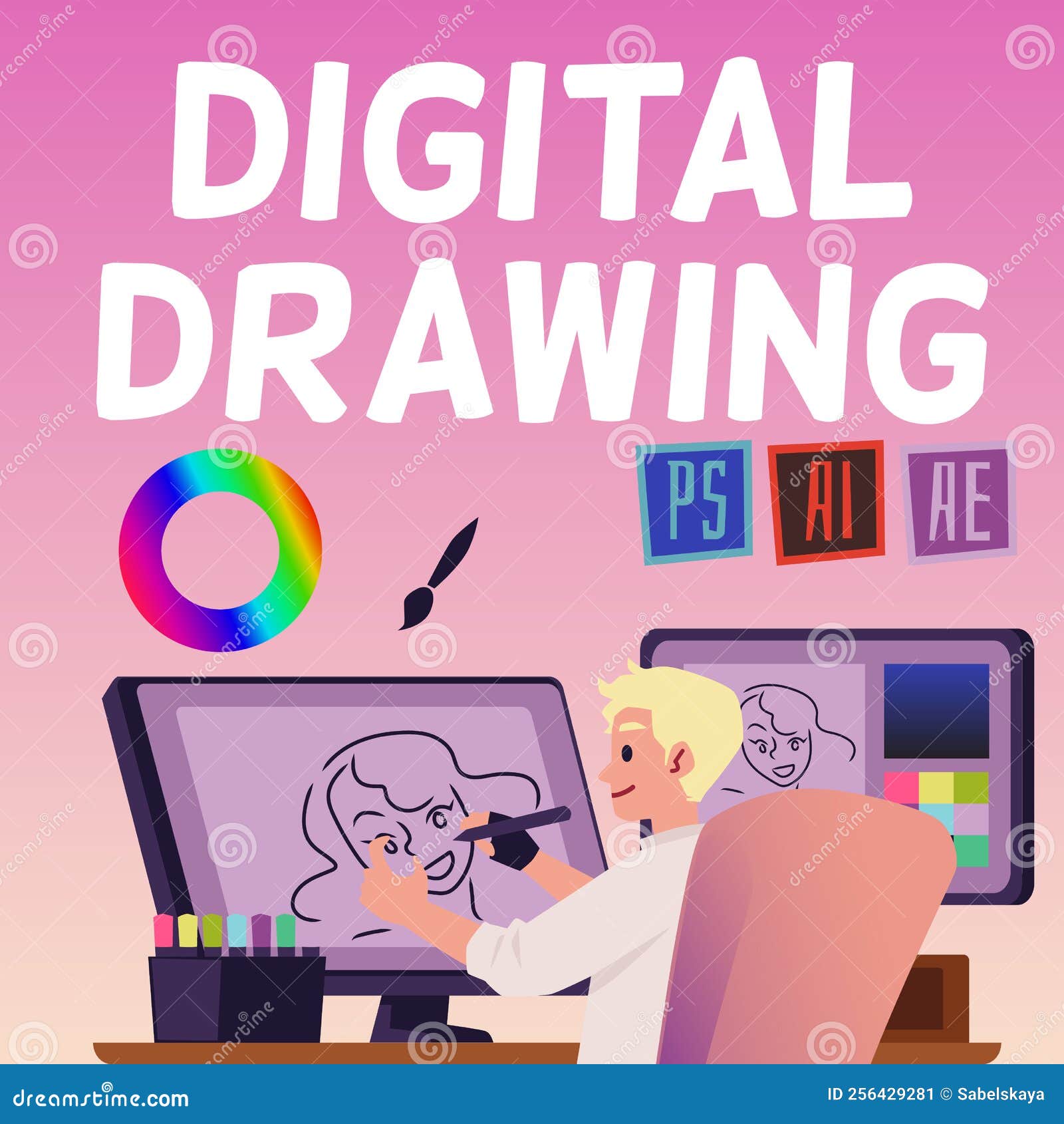 Digital Drawing Banner with Artist Draws on Computer, Flat Vector ...