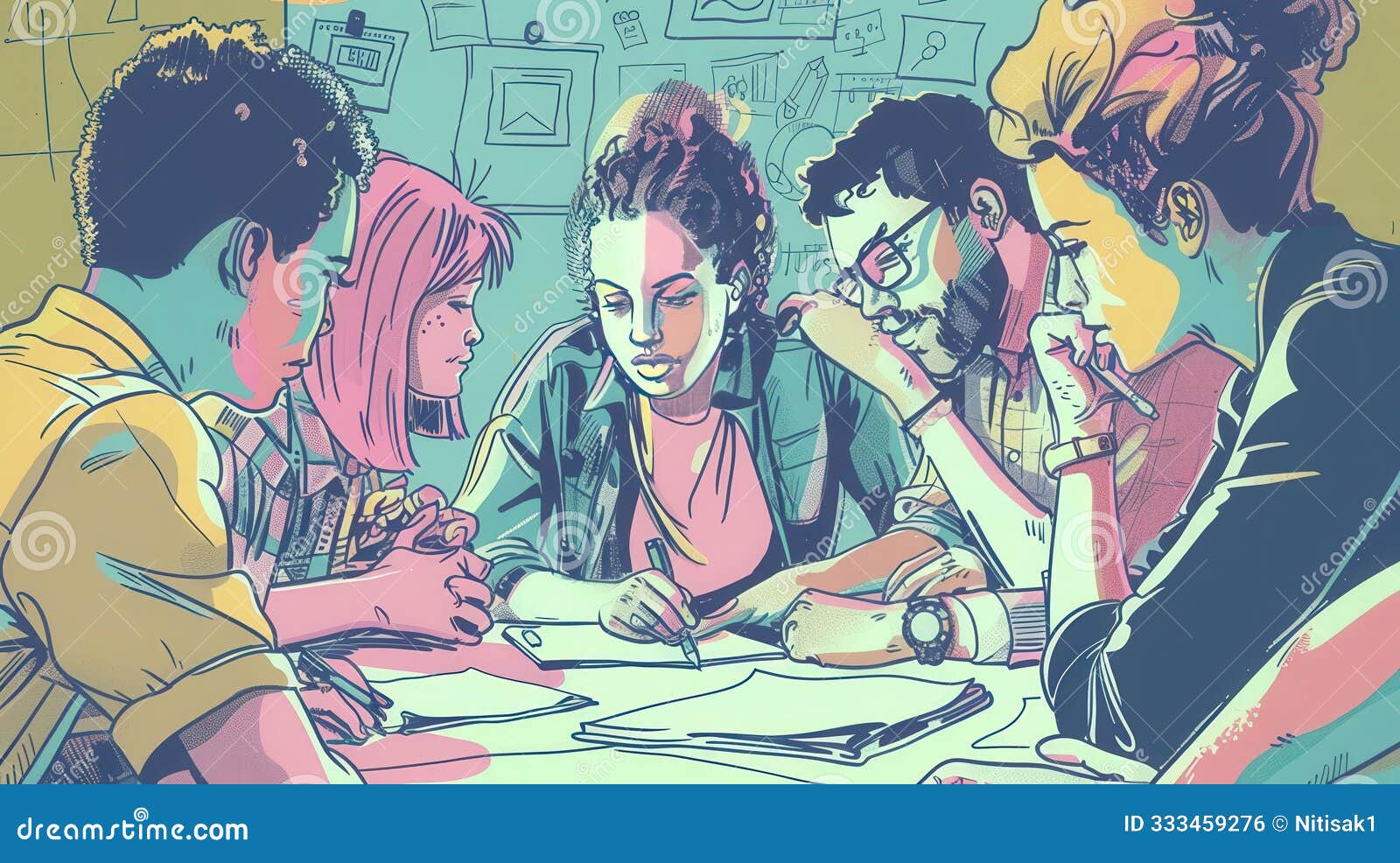 Digital Drawing of a Diverse Team Brainstorming Ideas Together in a ...