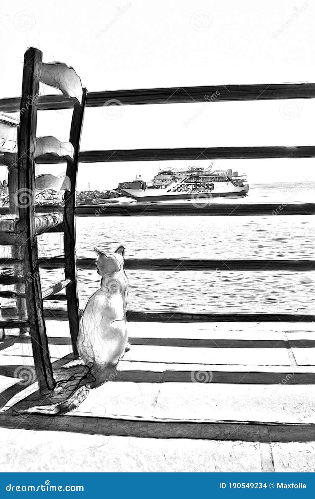Drawing Style Representing a Cat Watching a Ferry Docking in the Port ...