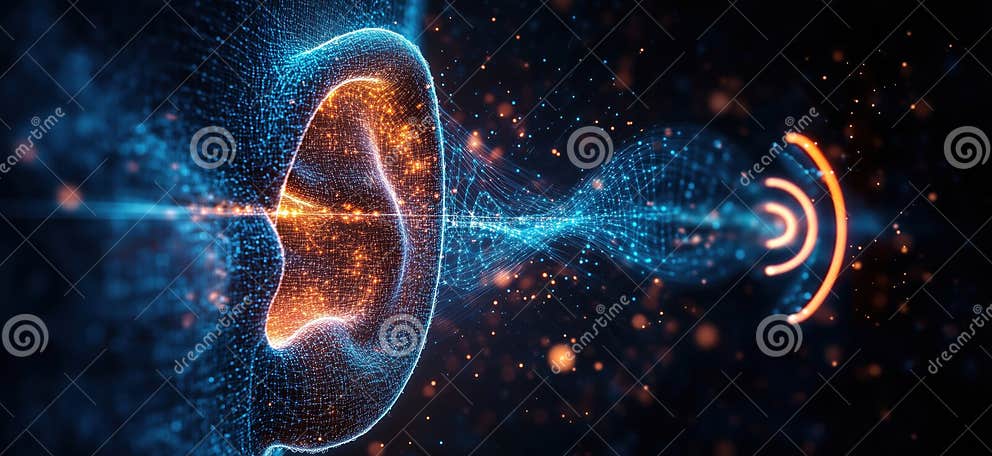 Digital Ear with Sound Waves, Glowing Particles, Abstract ...