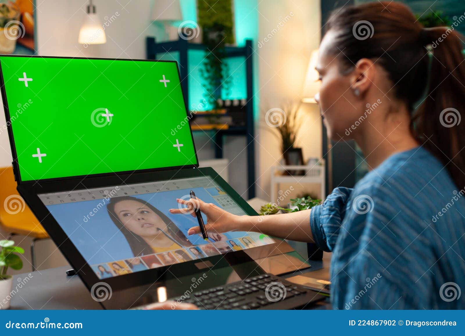 Digital Editor Using Green Screen and Retouching Software Stock Photo ...