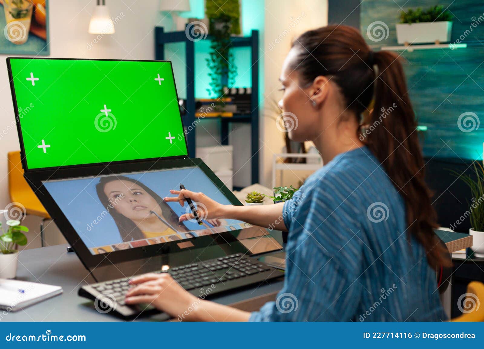 Digital Editor Using Green Screen and Retouching Software Stock Photo ...