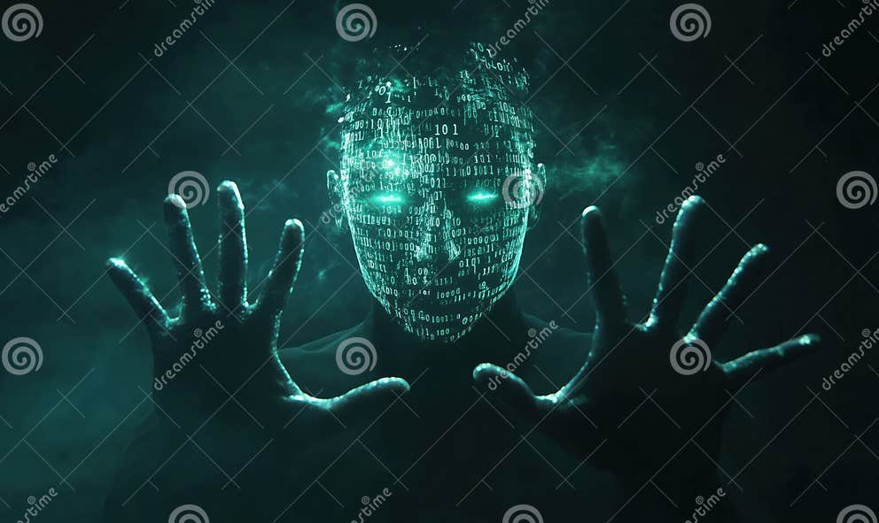 Digital Entity with Binary Code Face and Glowing Eyes, Hands Raised in ...