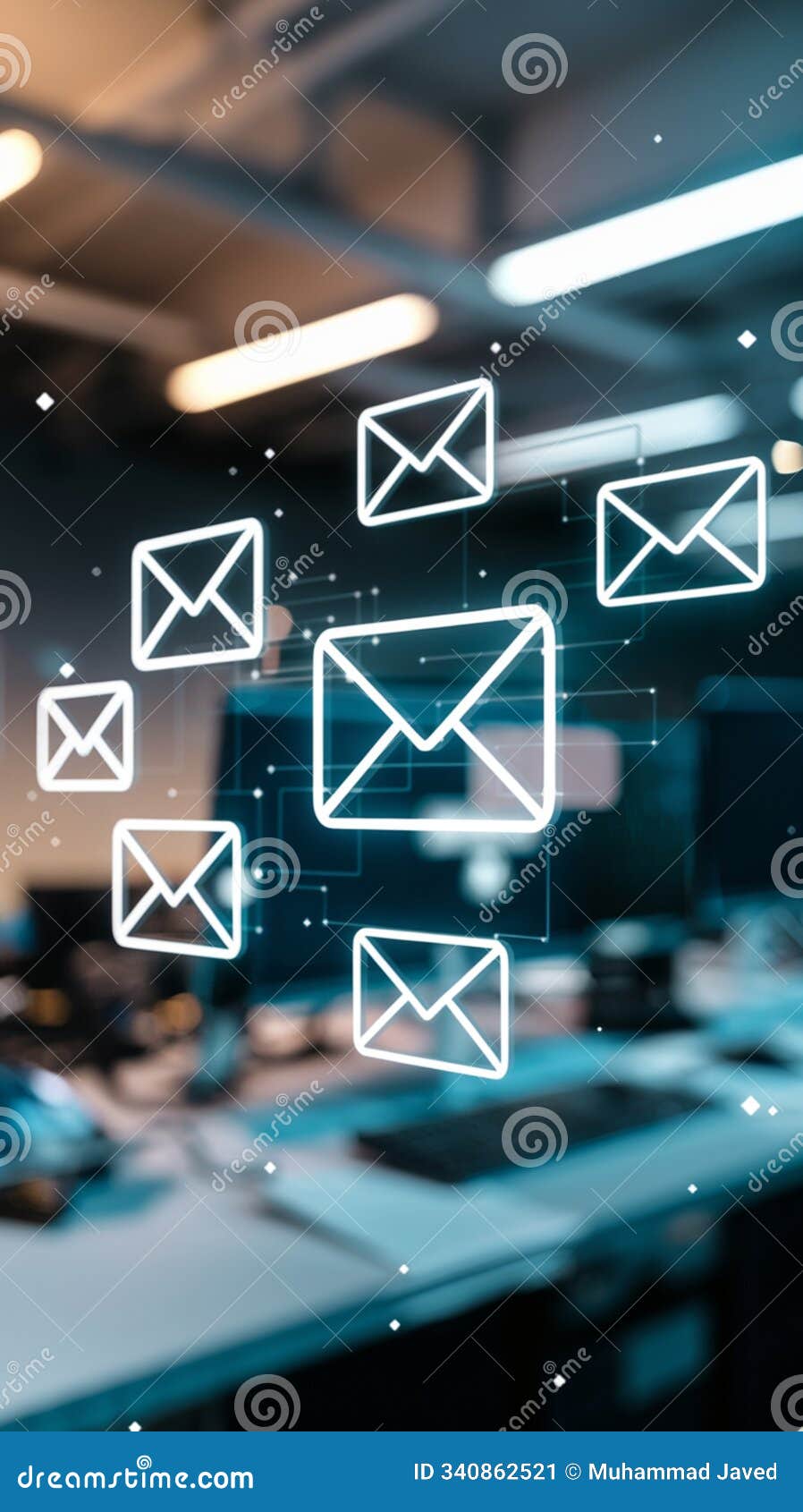 Envelope Icons Float Over Workspace, Creating a Futuristic Tech ...