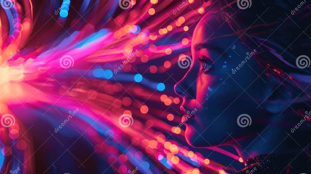 Digital Evolution Profile with Neon Data Stream Background Stock ...