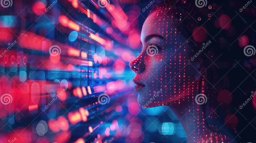 Digital Evolution Profile with Neon Data Stream Background Stock ...