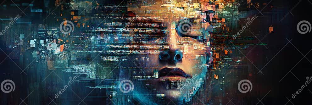 Digital Face Composed of Glitching Data Streams on a Dark Abstract ...
