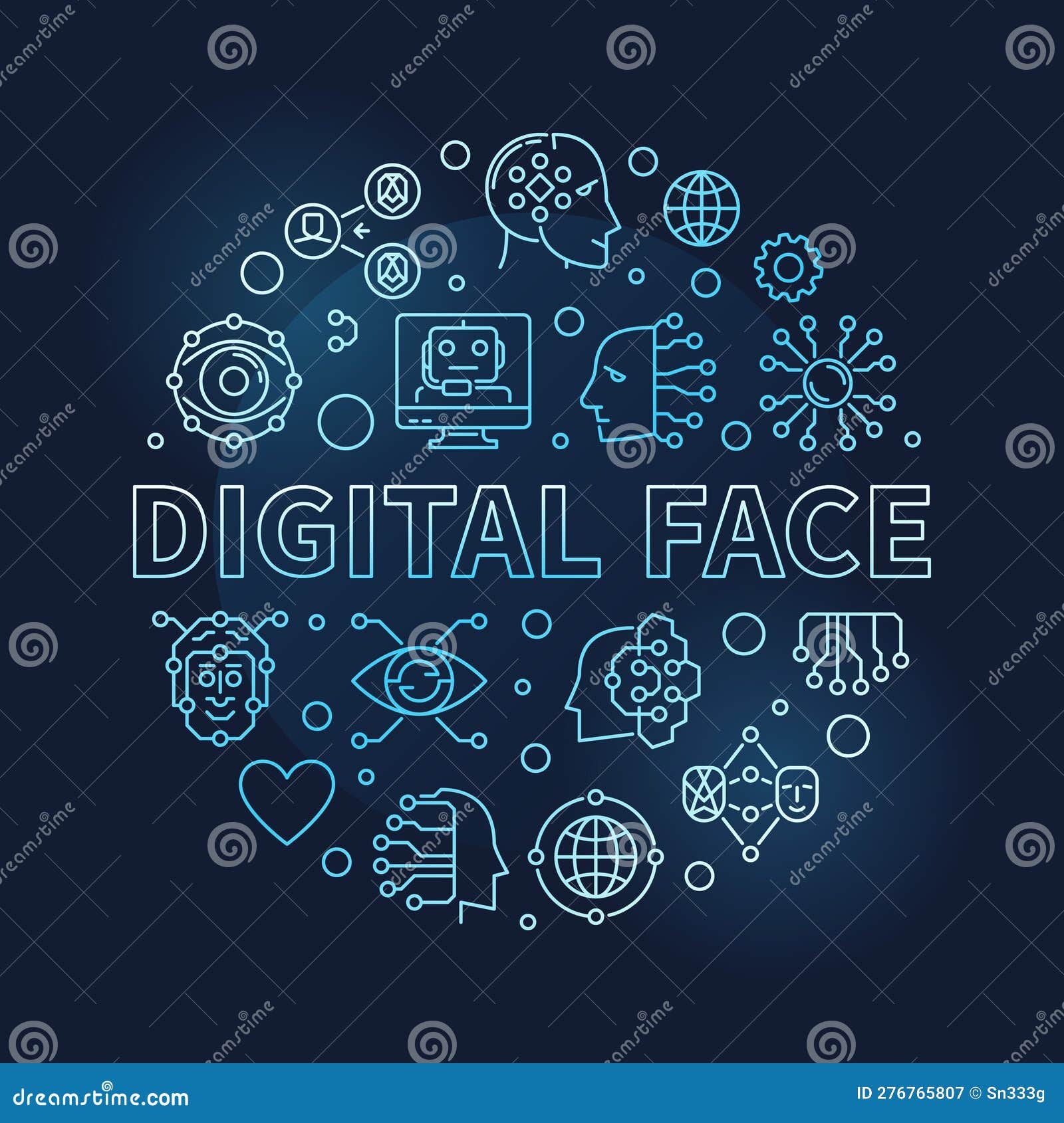 Digital Face Concept Line Round Vector Blue Banner - AI Bot Technology ...