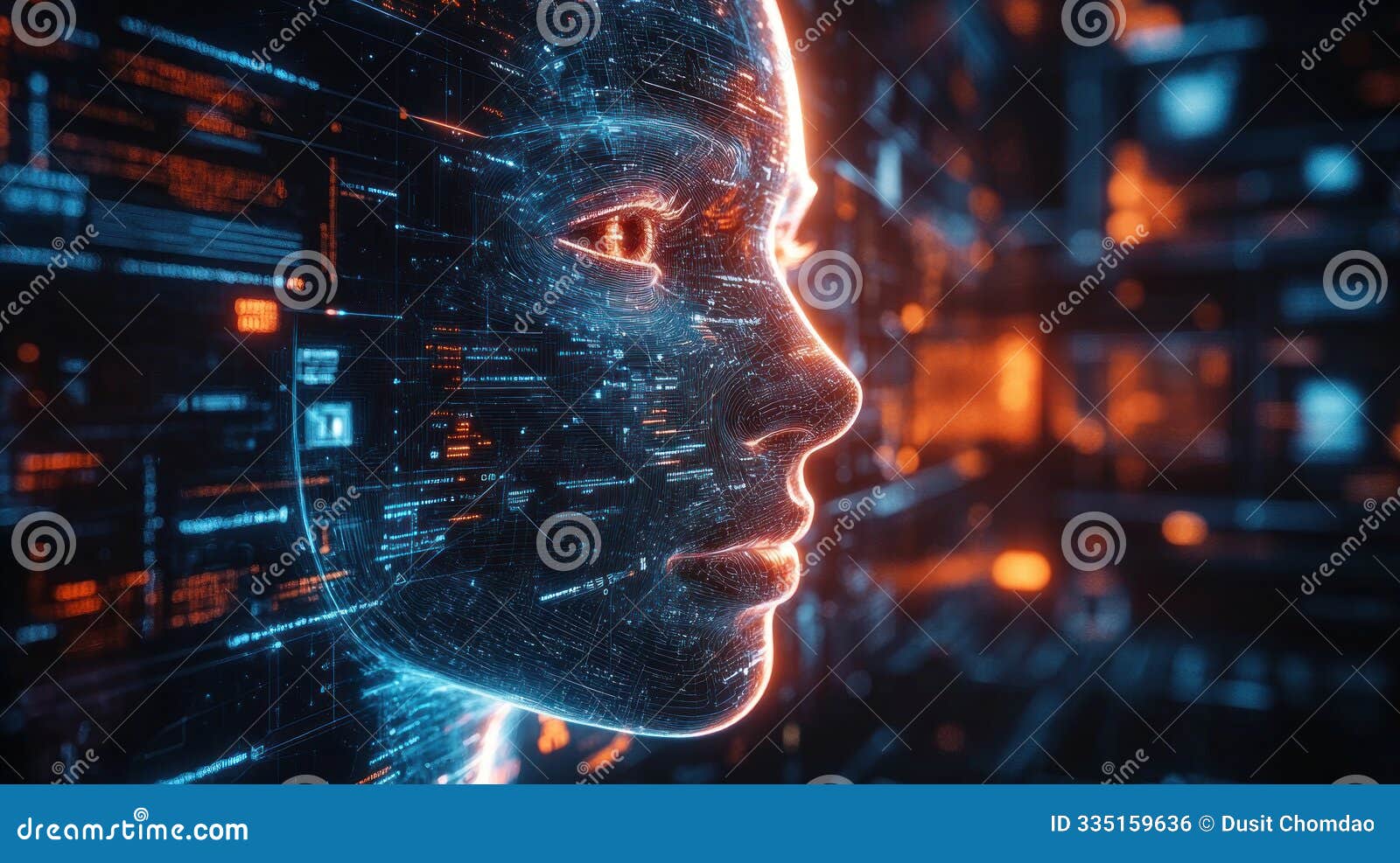 Digital Face with Glowing Circuits and Data Streams, Representing ...